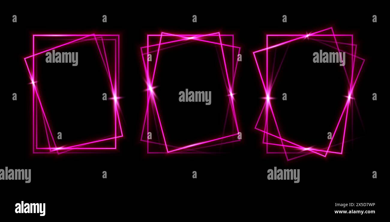 Pink laser glowing frames isolated on black background. Neon rectangles ...