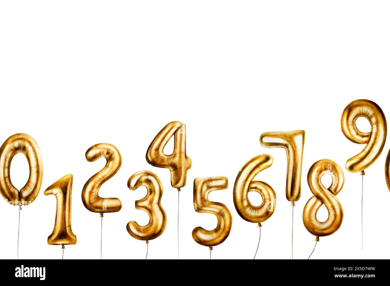 Seamless frame with golden foil balloons digits 0-9. Hand drawn ...
