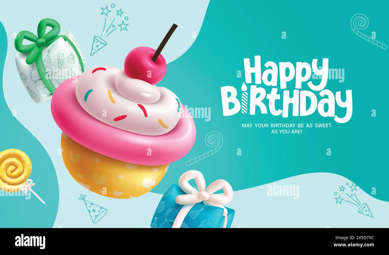Happy birthday cup cake vector design. Birthday greeting text with inflatable cup cake, lollipop ...