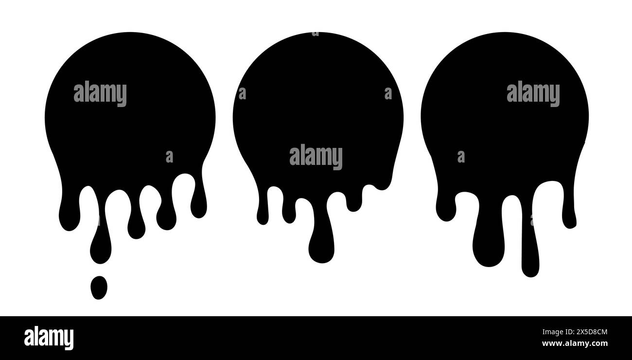Paint drip circle labels. Black paint liquid. Ink drop set. Black ...