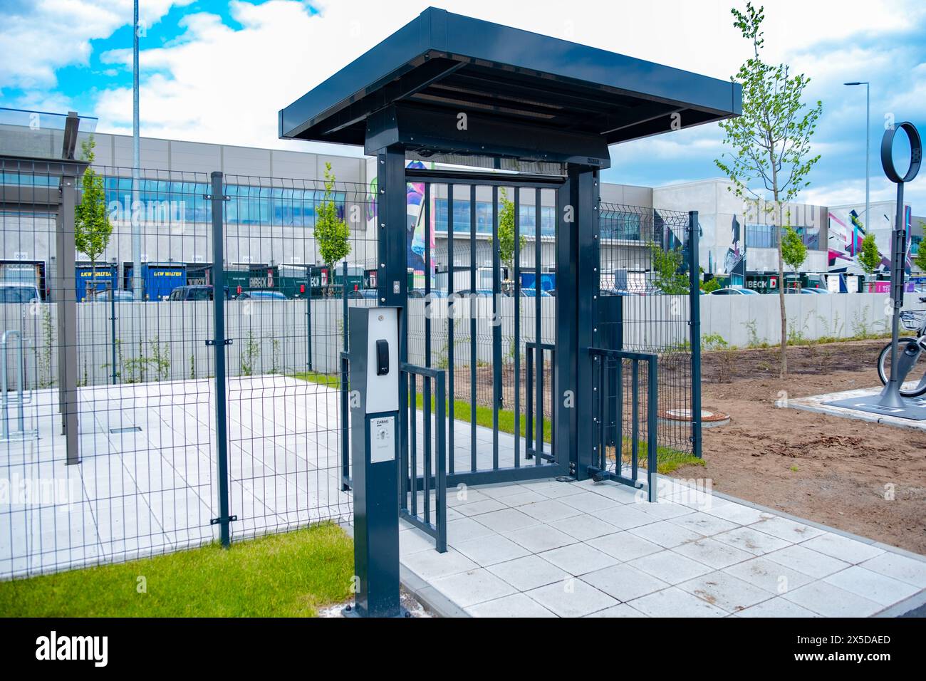 Metal gates to closed area, checkpoint Tesla Gigafactory Berlin ...