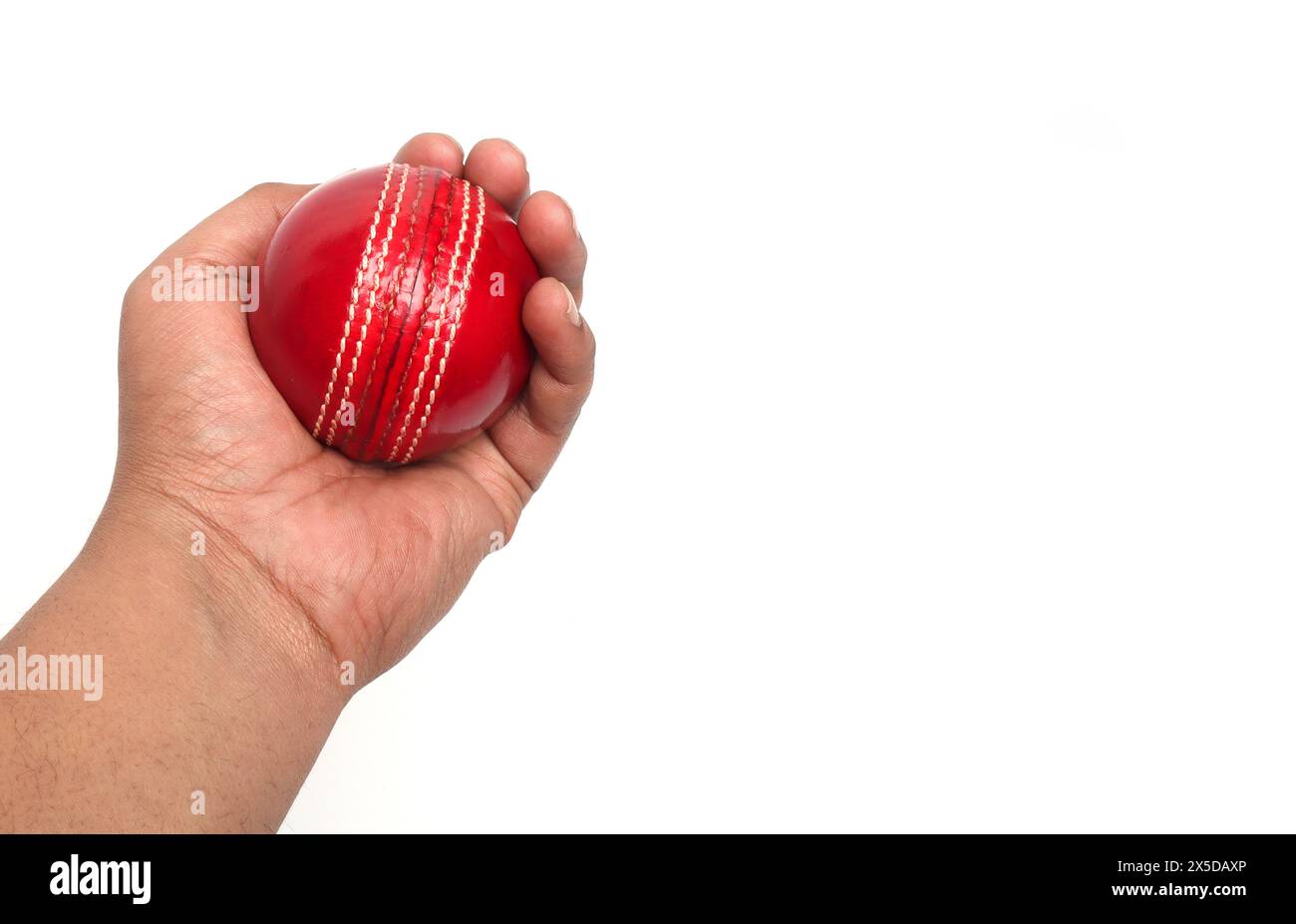 red cricket leather ball in bowler hand on the white background Stock ...
