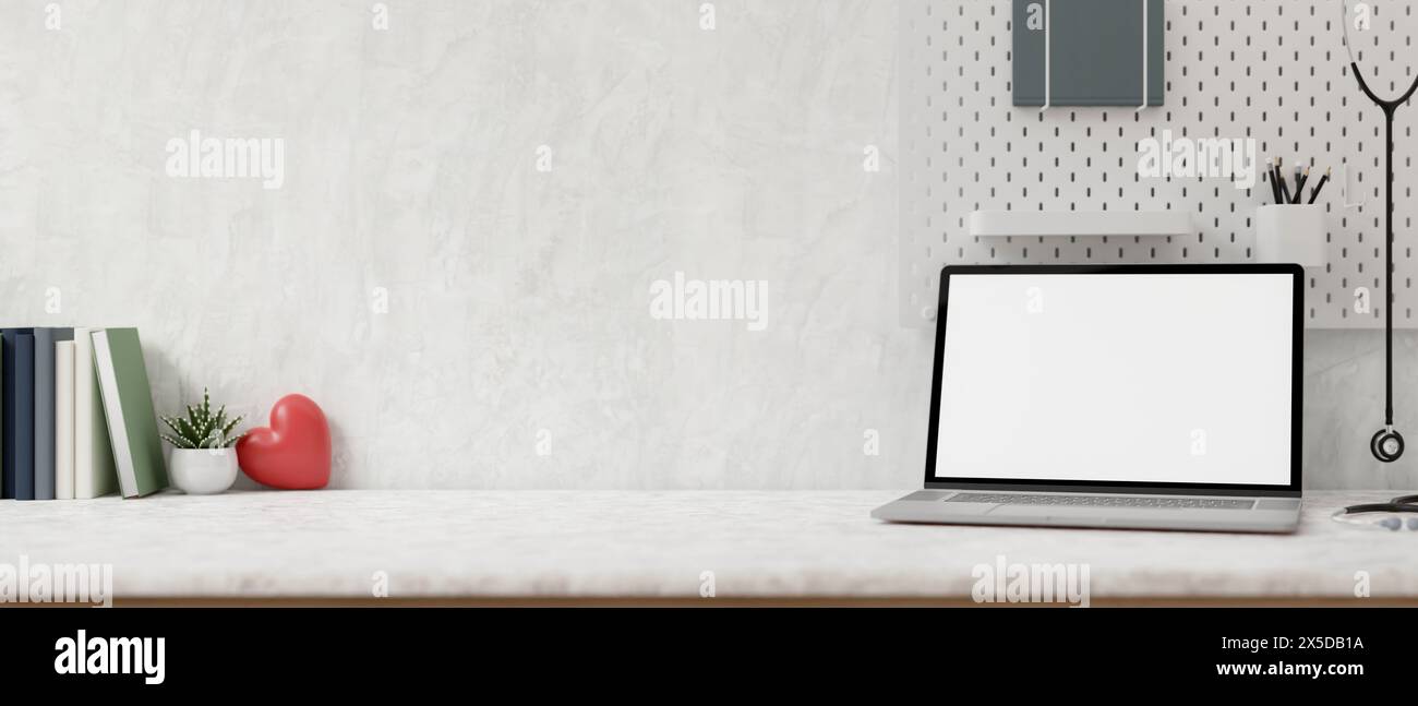 A modern doctor's office desk features a white-screen laptop computer ...