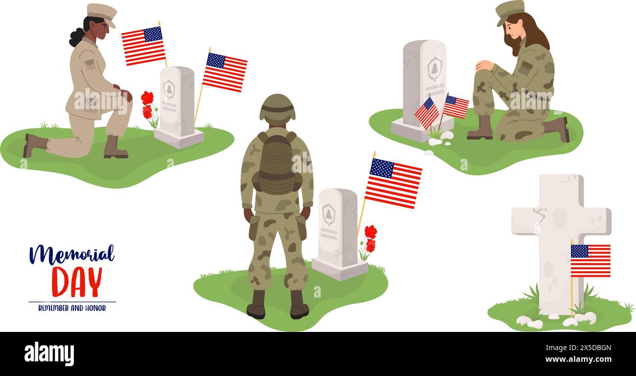 Memorial Day collection. Veterans Military Cemetery. Diverse soldier ...