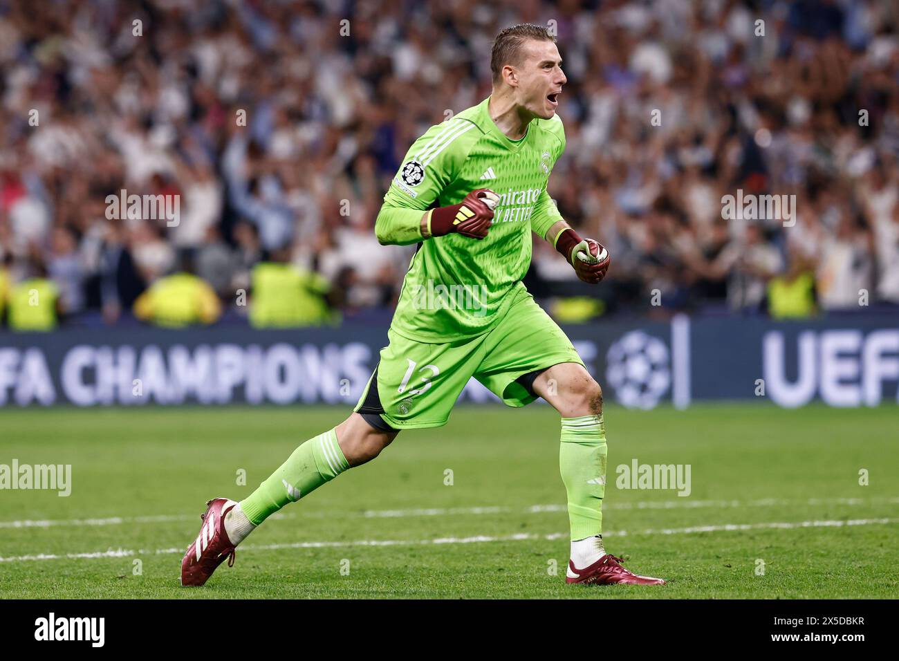 Andriy Lunin of Real Madrid celebrates the 2-1 victory during the UEFA ...