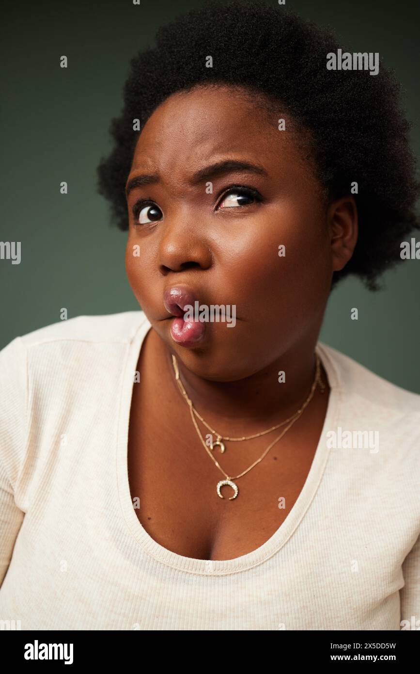 Black woman, fish lips and funny face for comedy, playful and goofy ...