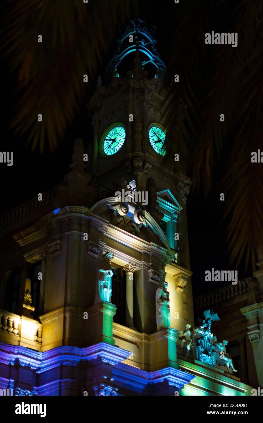 Valencia, Spain. January, 23, 2023 - Tower with clock and bell in the ...