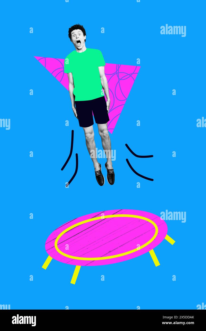Vertical creative collage picture young man jumping trampoline high ...