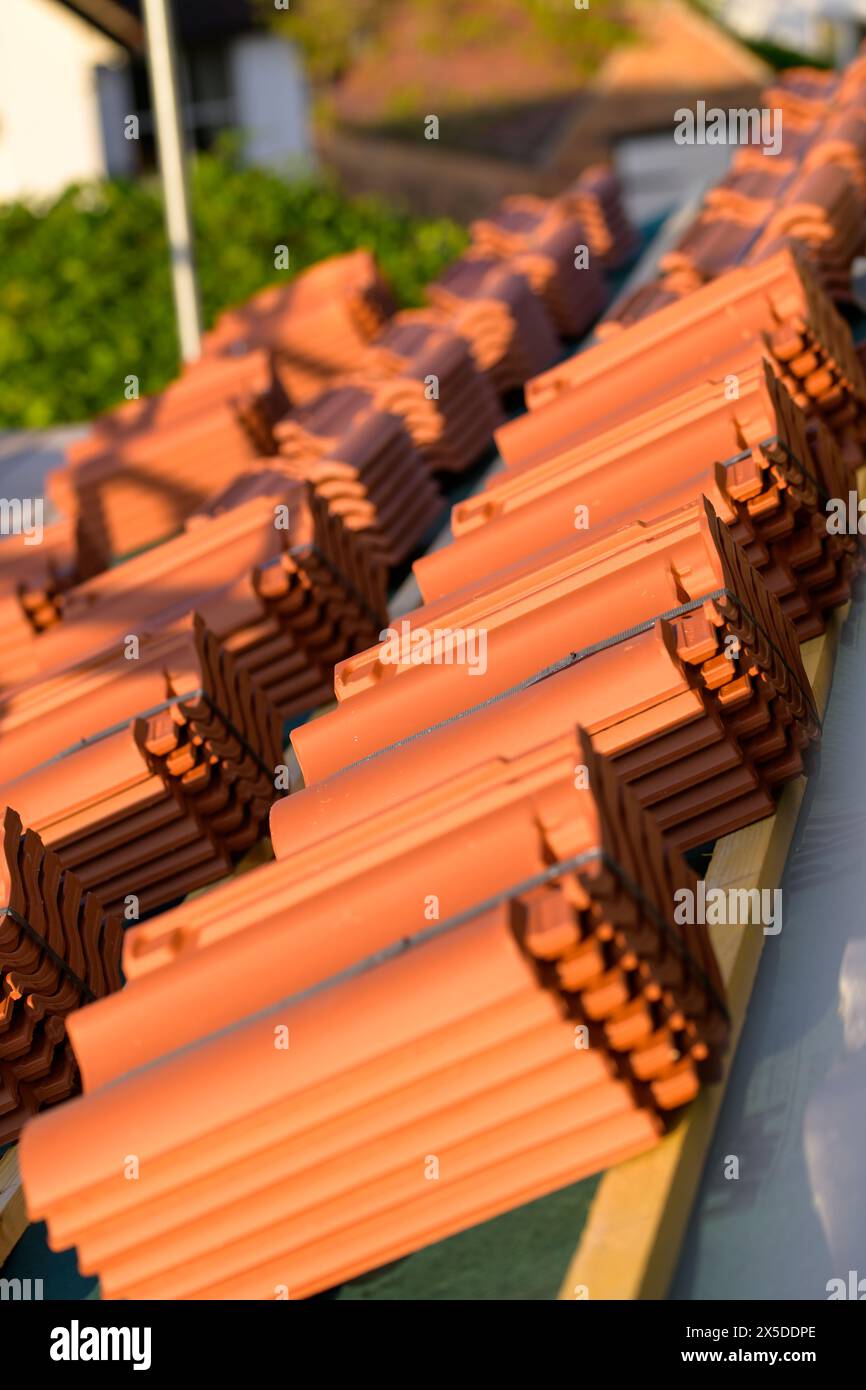 Red clay single roll roof tiles hi-res stock photography and images - Alamy