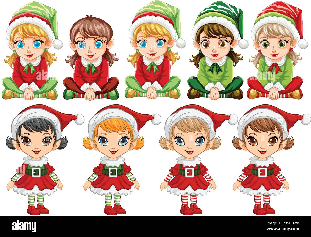 Colorful vector illustrations of eight Christmas elves Stock Vector ...