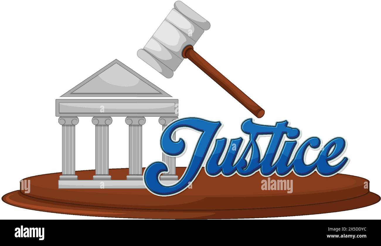 Illustration of a gavel, courthouse, and the word Justice Stock Vector ...