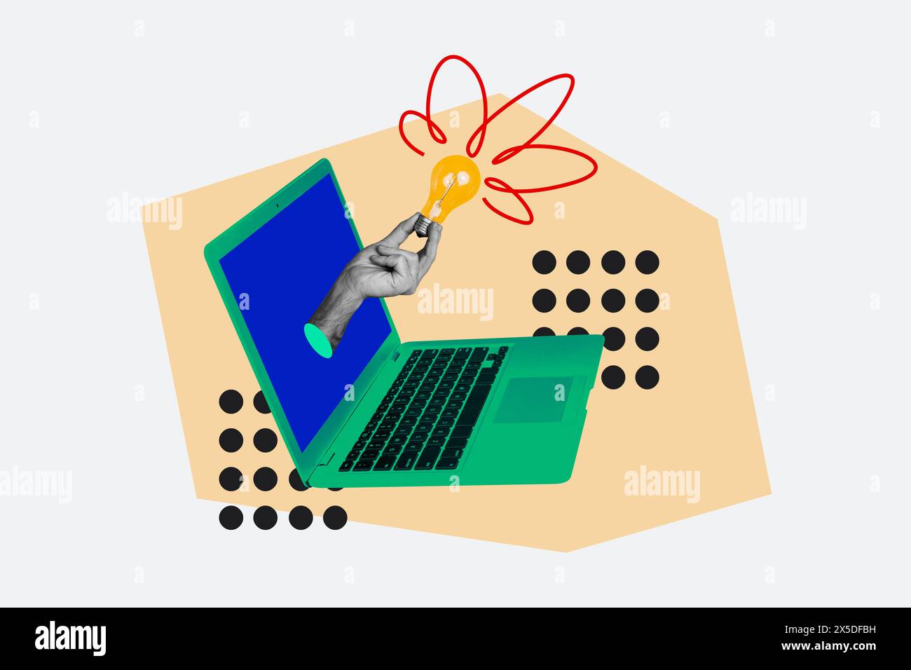 Composite photo collage of hands peek macbook device hold light bulb ...