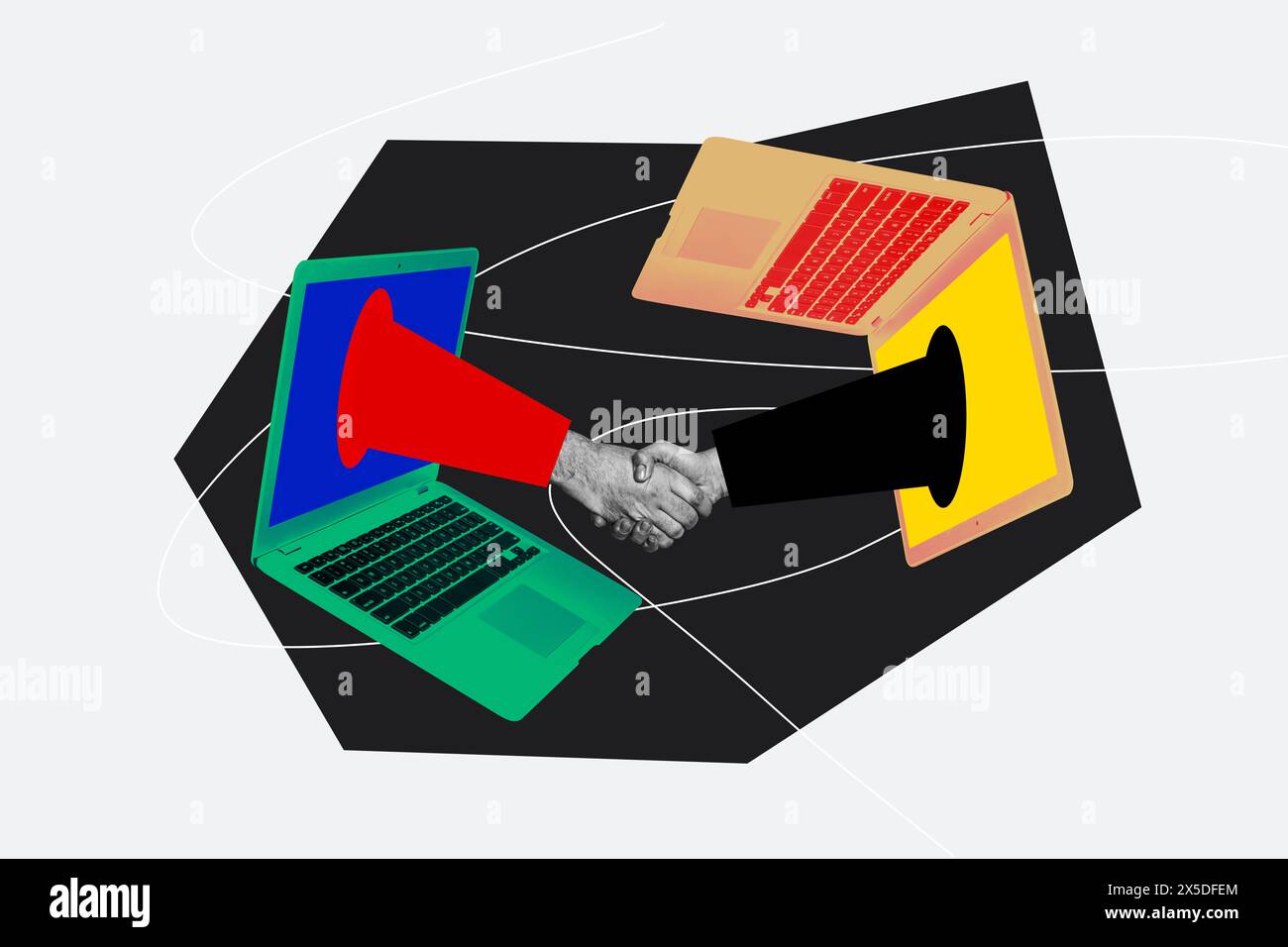 Creative picture collage computer devices laptops screen handshake ...