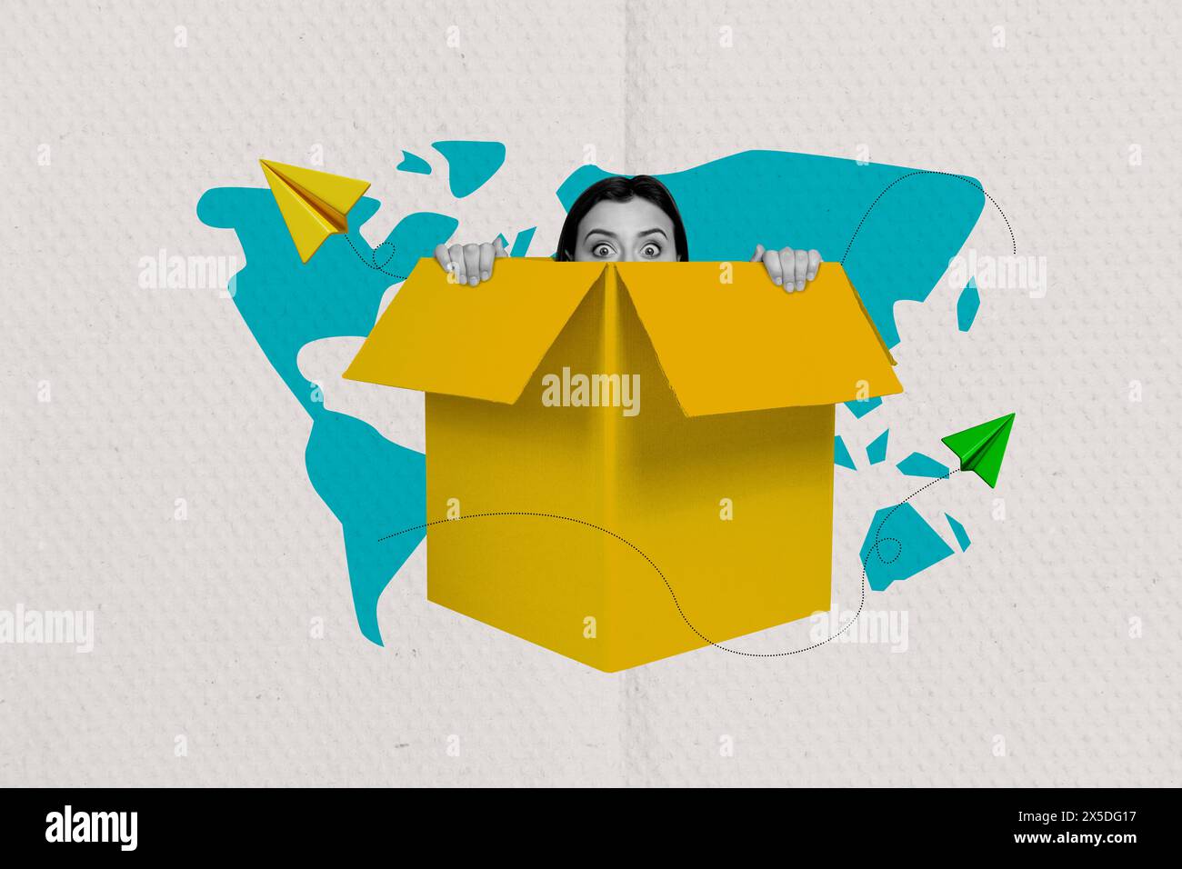 Composite collage picture image of funny female hide carton box world ...