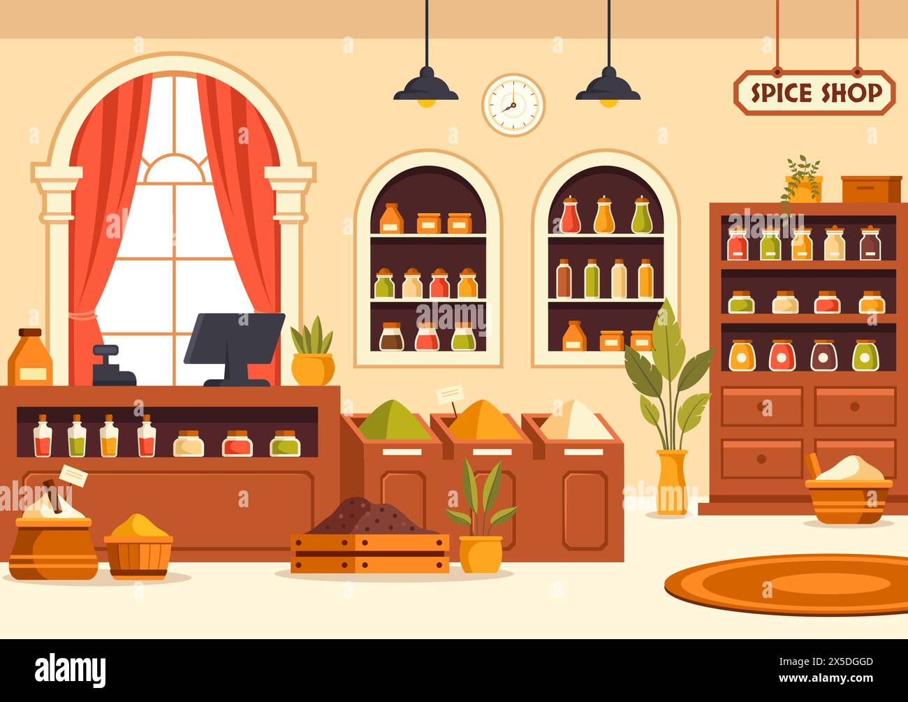 Spice Shop Vector Illustration With Different Hot Sauces, Condiment ...