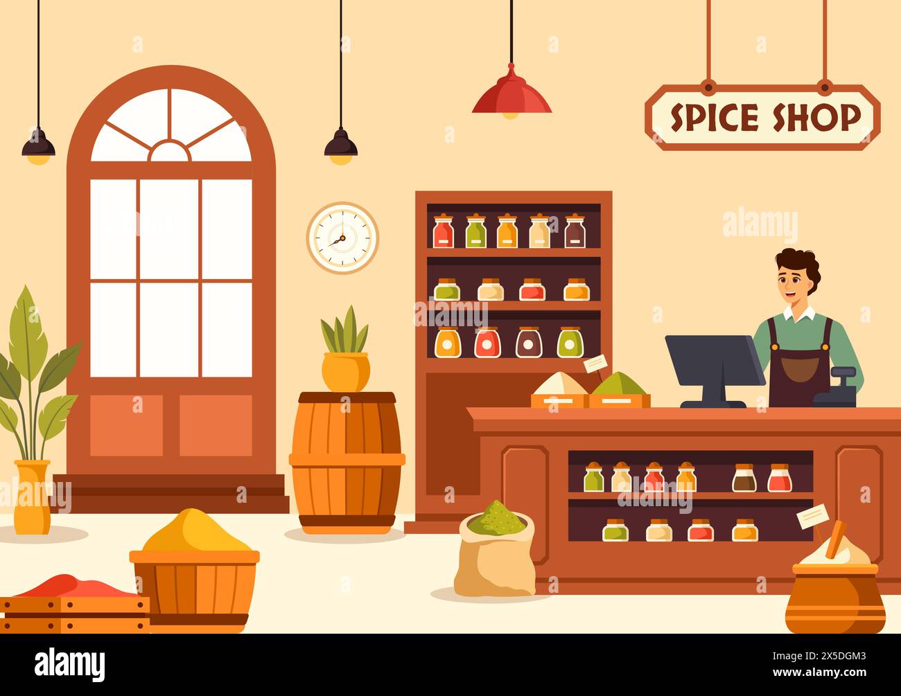 Spice Shop Vector Illustration With Different Hot Sauces, Condiment ...