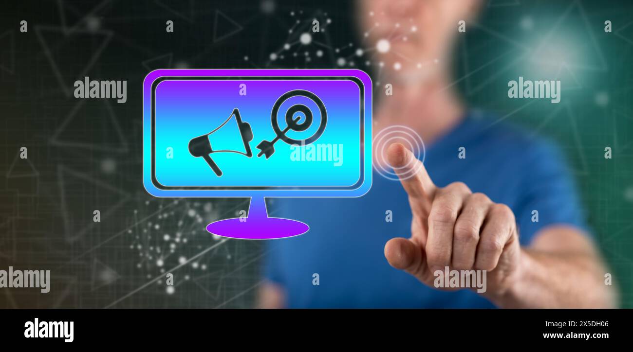 Man touching an ad targeting concept on a touch screen with his finger ...