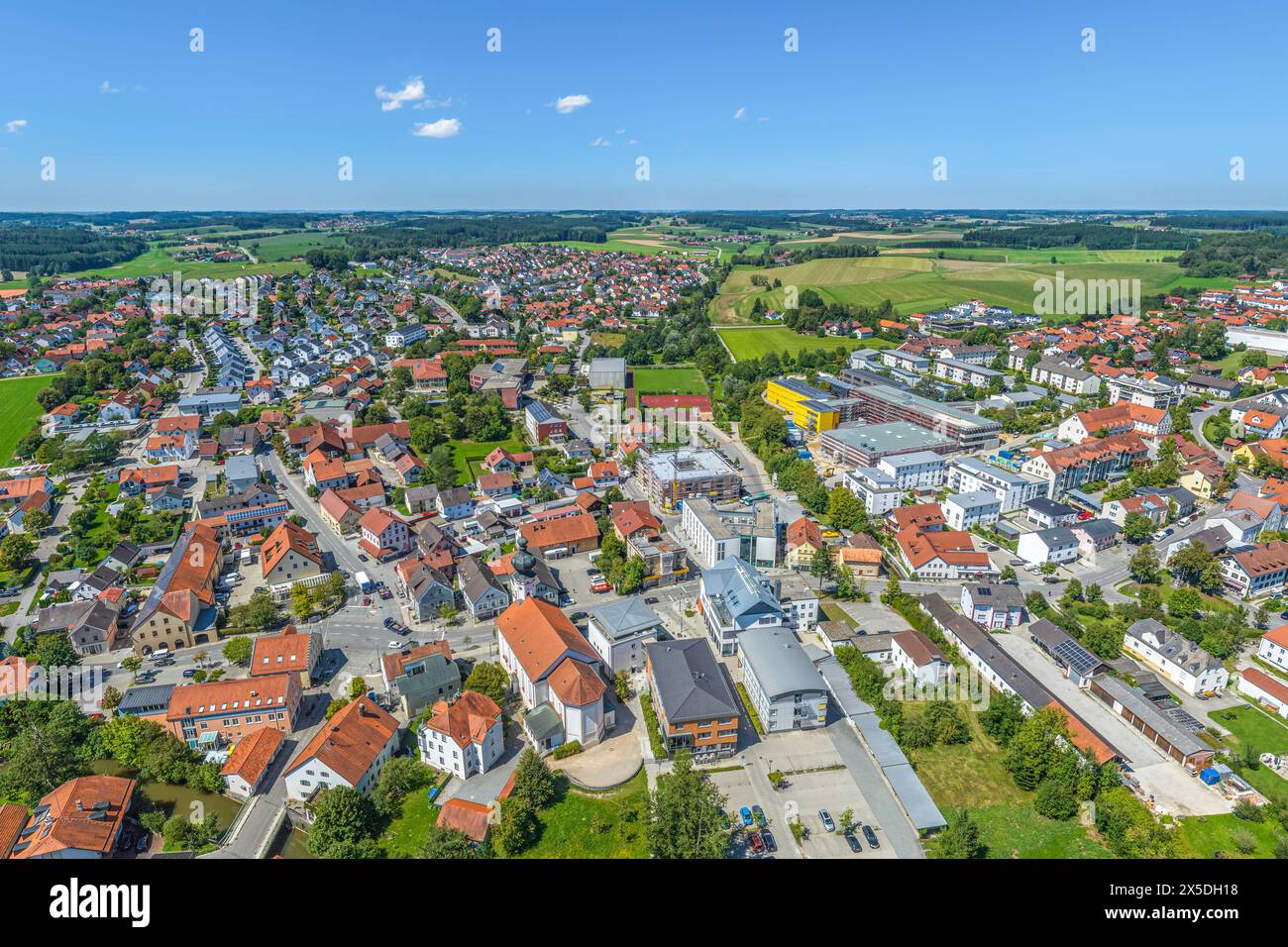 View of the municipality of Taufkirchen im Vilstal in the Isar-Inn hill ...