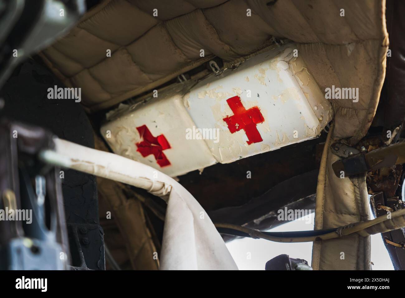 First aid kits in an old abandoned military cargo plane An 12 Stock ...