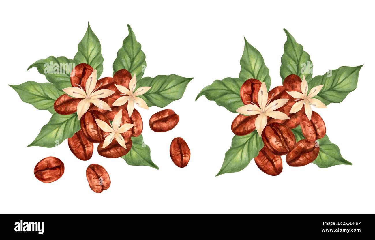 Composition of coffee beans with leaves and flowers. Coffee day ...