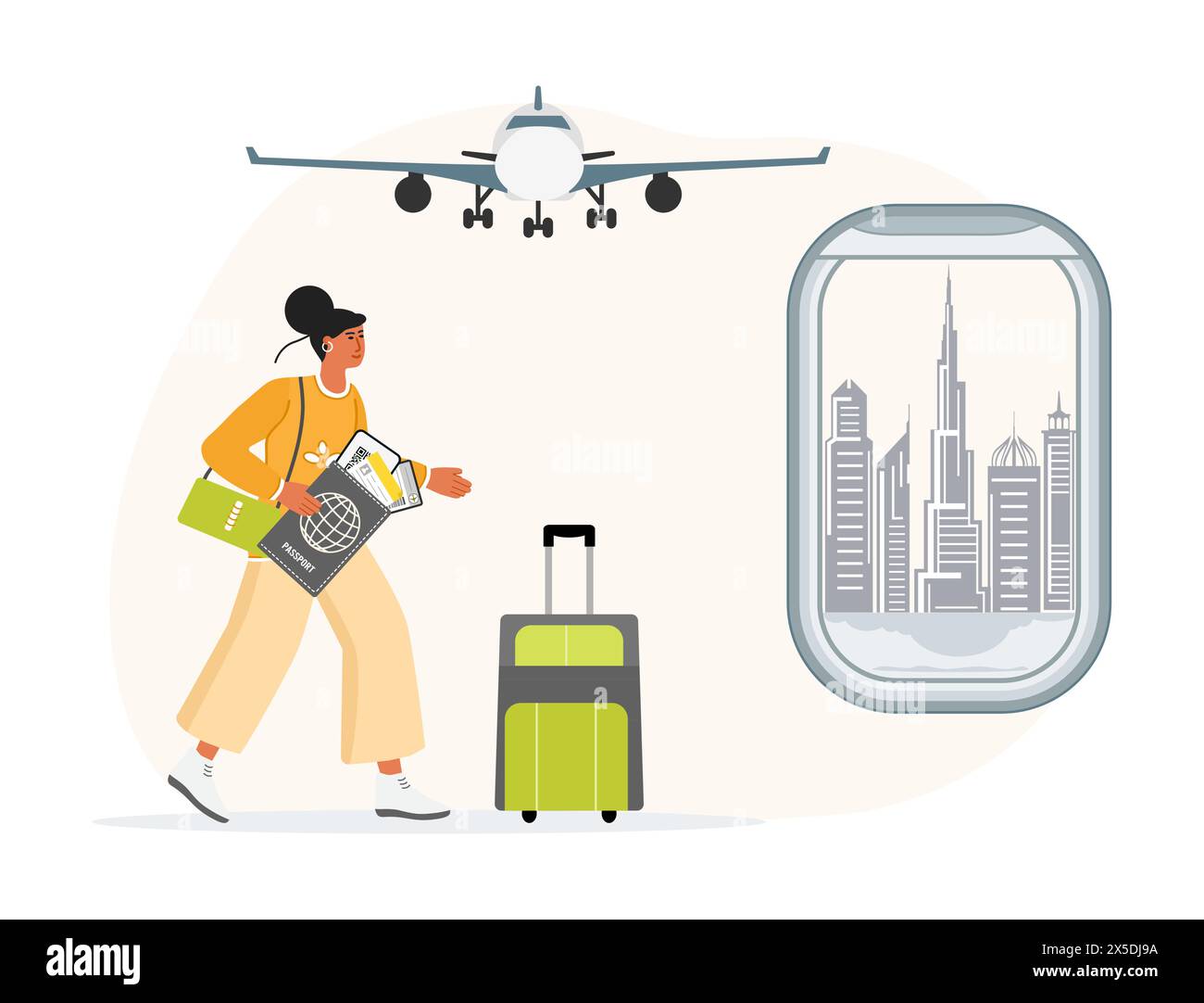 Vector illustration Girl Suitcase Airplane Dubai buildings, hotels view ...