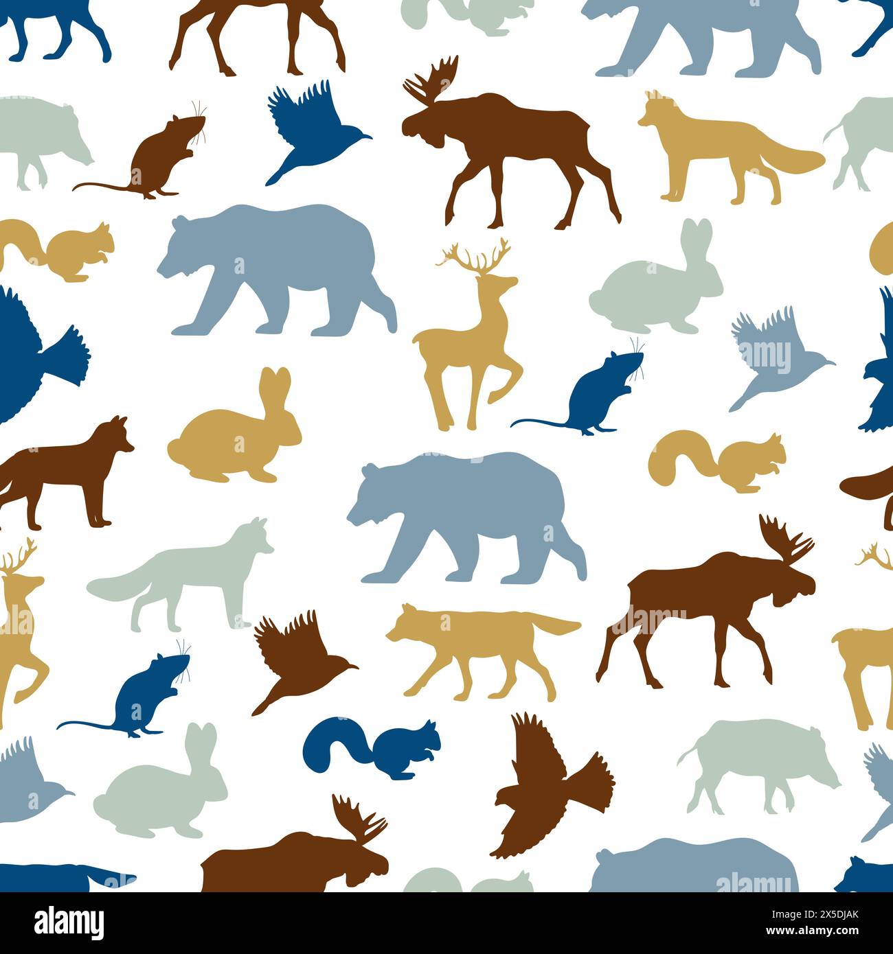 Vector seamless pattern Silhouettes hare, bear, birds, deer, fox hog ...