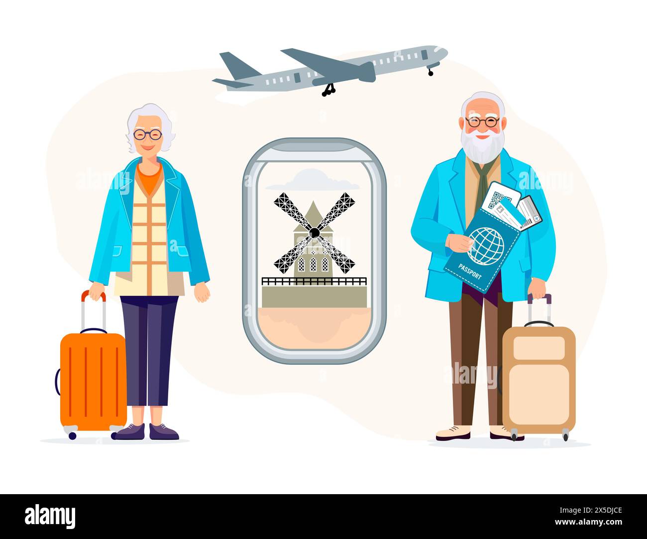 Vector travel illustration People go on journey. Retired Elderly couple ...