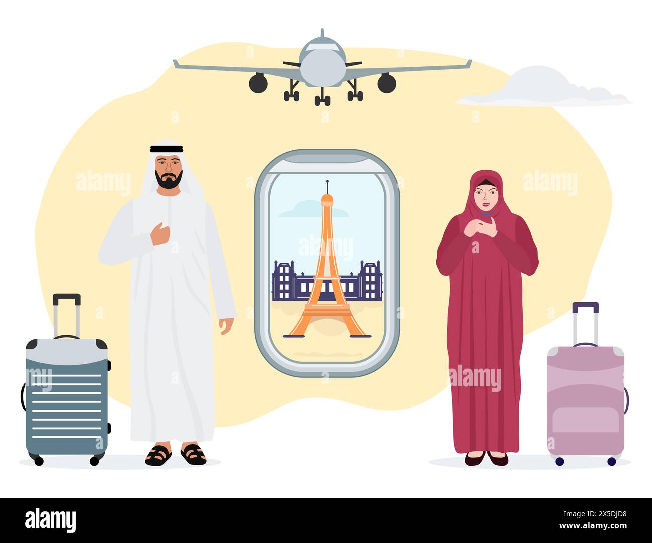 Vector travel illustration Muslim man, womans. Suitcases. Airplane ...