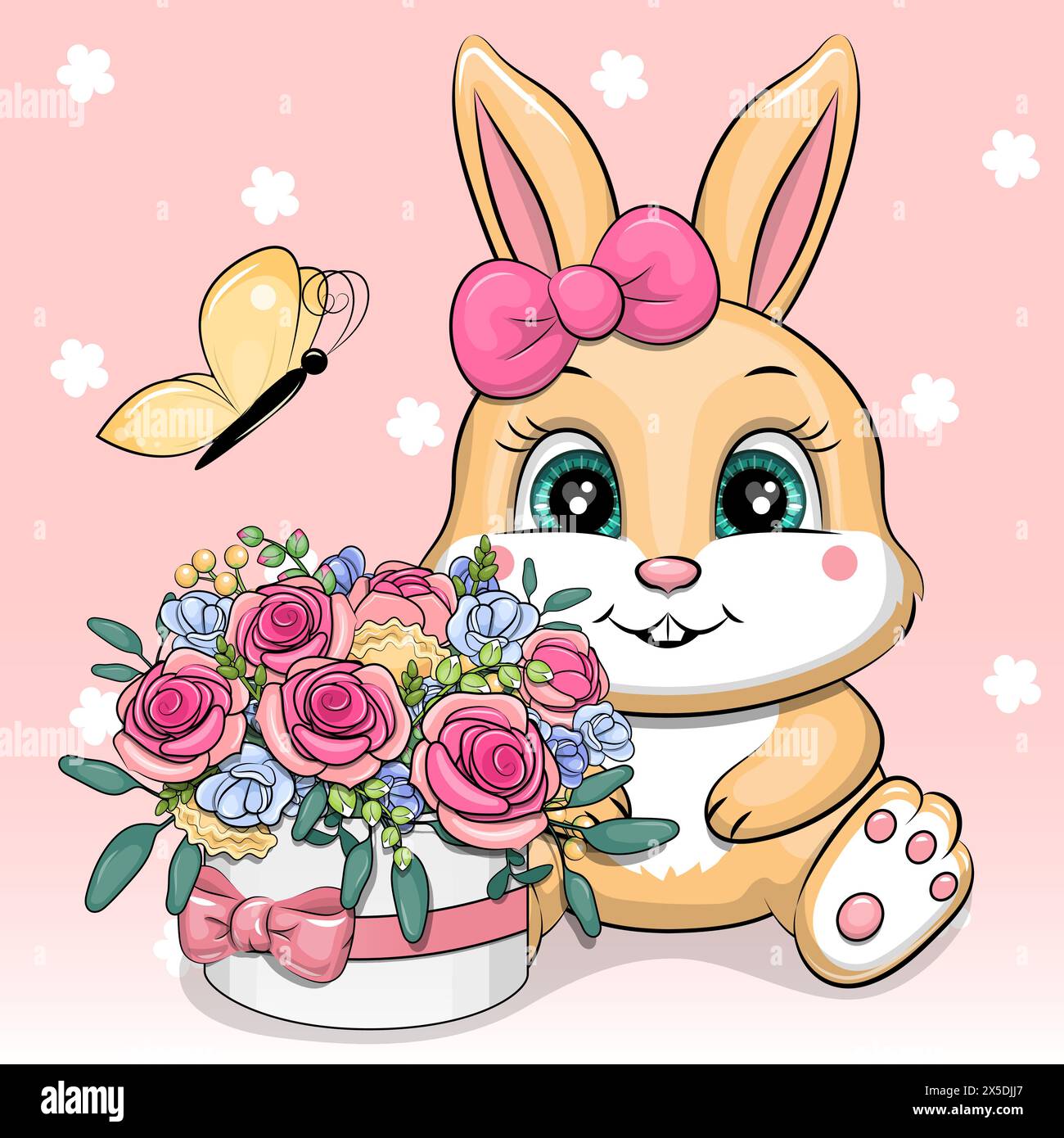 Cute cartoon rabbit with a bouquet of roses. Vector illustration of an ...