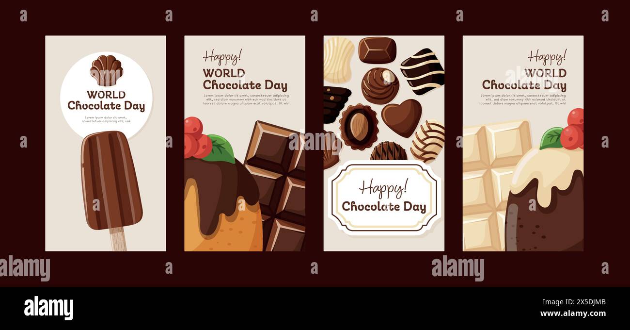World chocolate day. Set of four banner templates. Sweet dessert ...