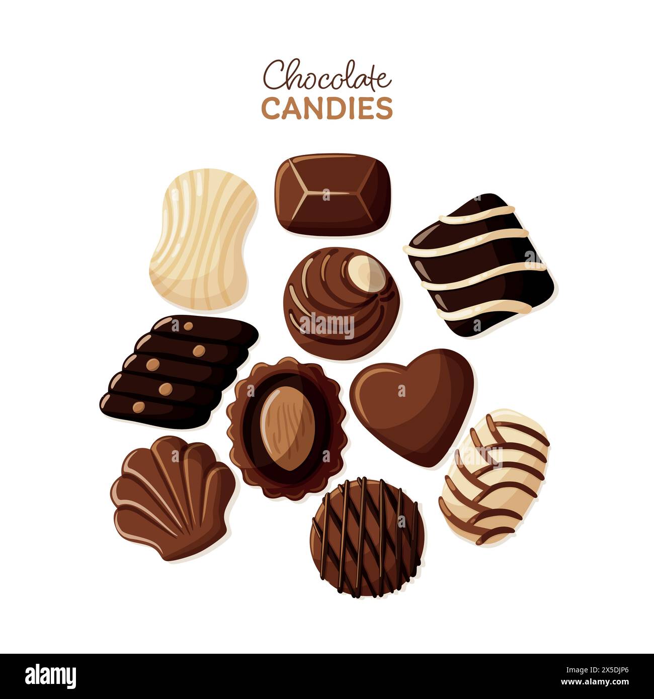 Set of chocolate candies in different shapes. Sweet dessert. Isolated ...