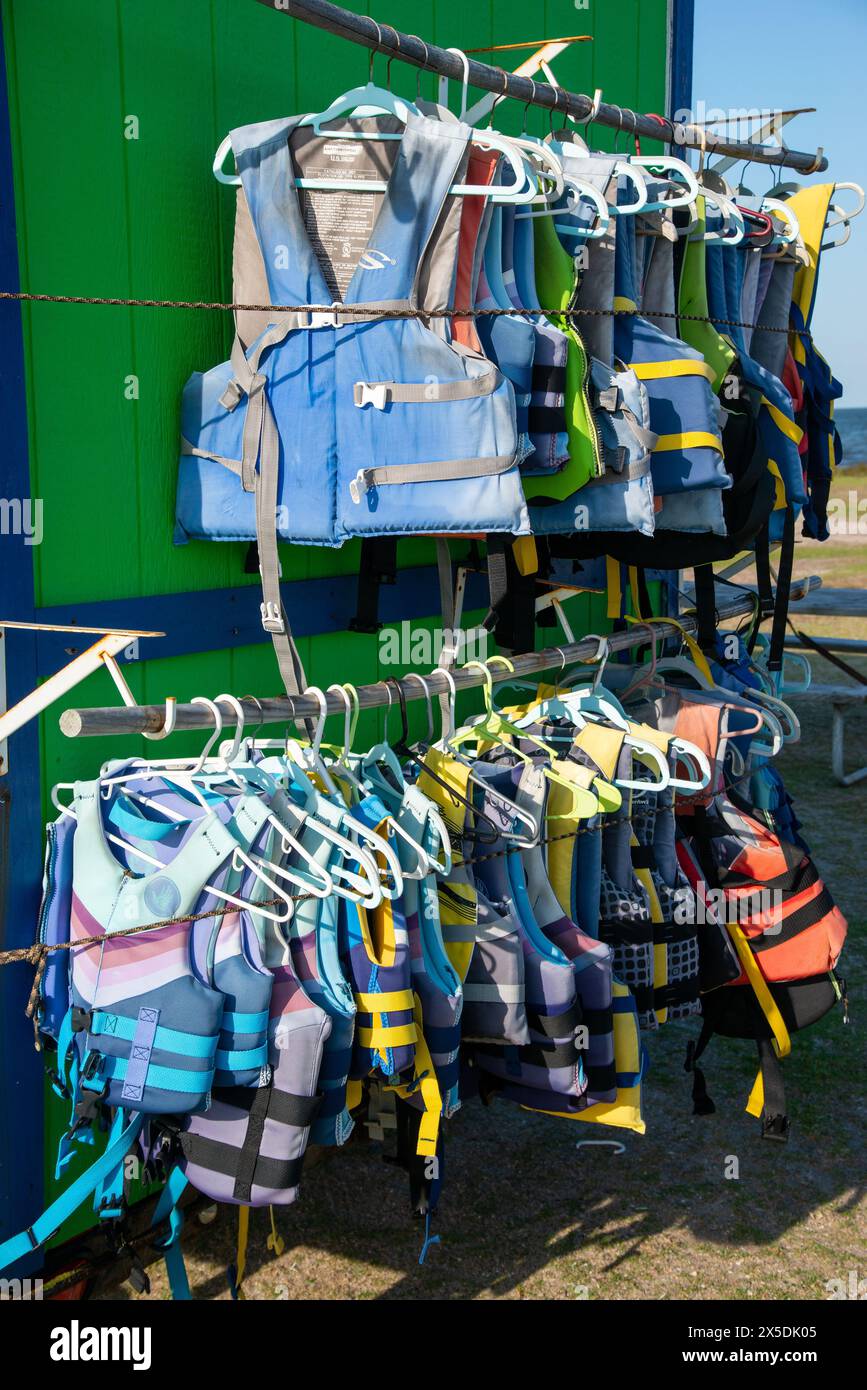 Life jackets hang on rack ready to be used in Cape Hatteras, Outer ...
