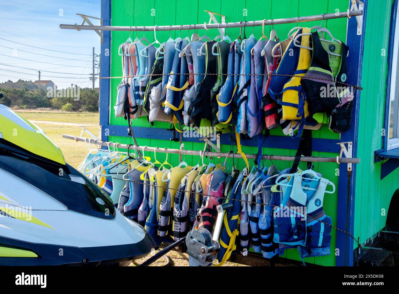 Life jackets hang on rack ready to be used in Cape Hatteras, Outer ...