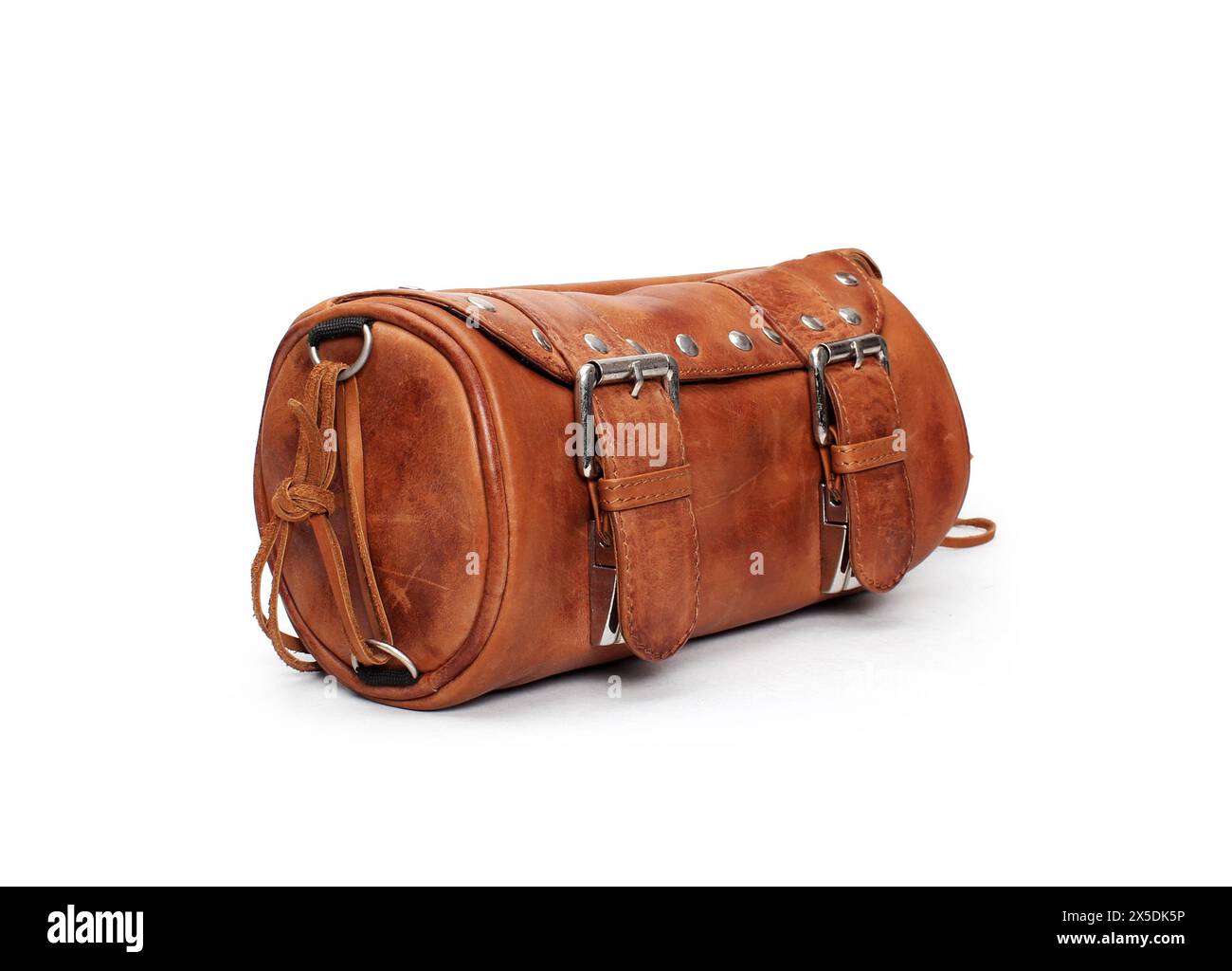 tan leather motorcycle saddle bag isolated on white background Stock ...