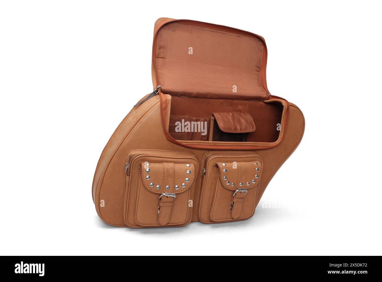 tan leather motorcycle saddle bag isolated on white background Stock ...