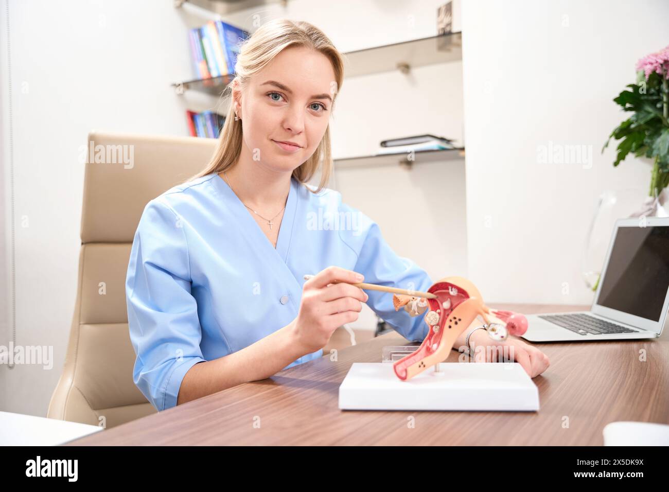 Gynecologist showing uterus model at table and looking at camera at ...