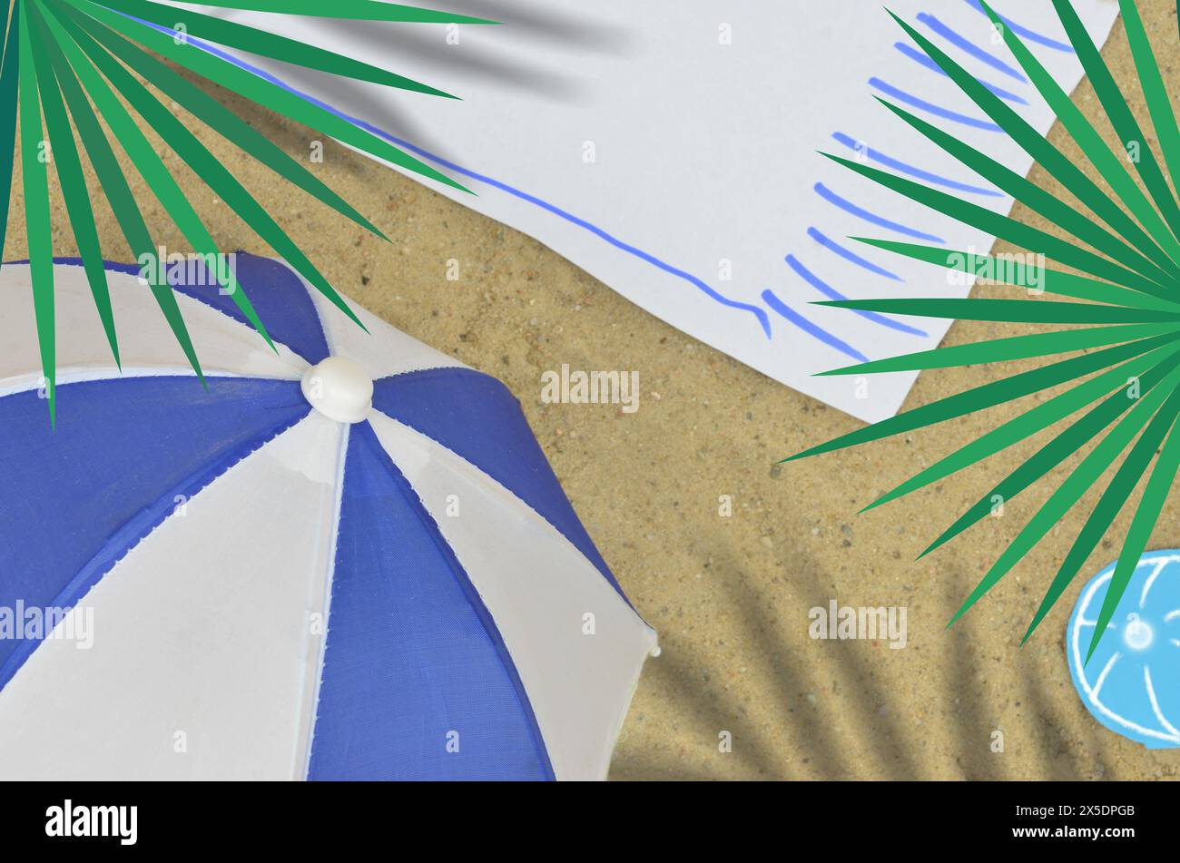 Original combination of photo, drawings and graphics. Relax on a beach ...