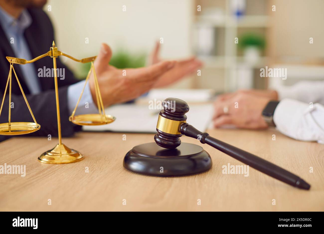 Lawyer professional objects closeup, judge hammer, balance scale ...