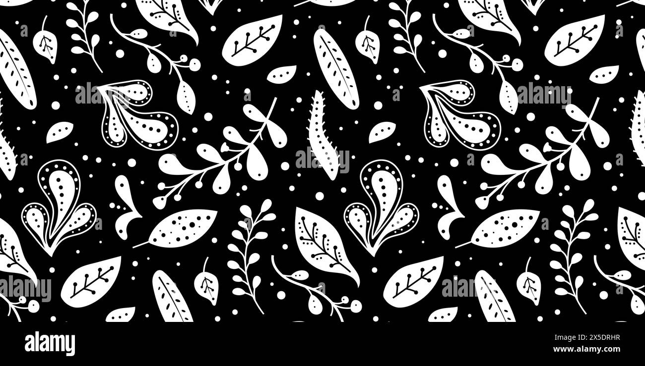 Seamless neo folk art vector pattern with flowers, black and white ...