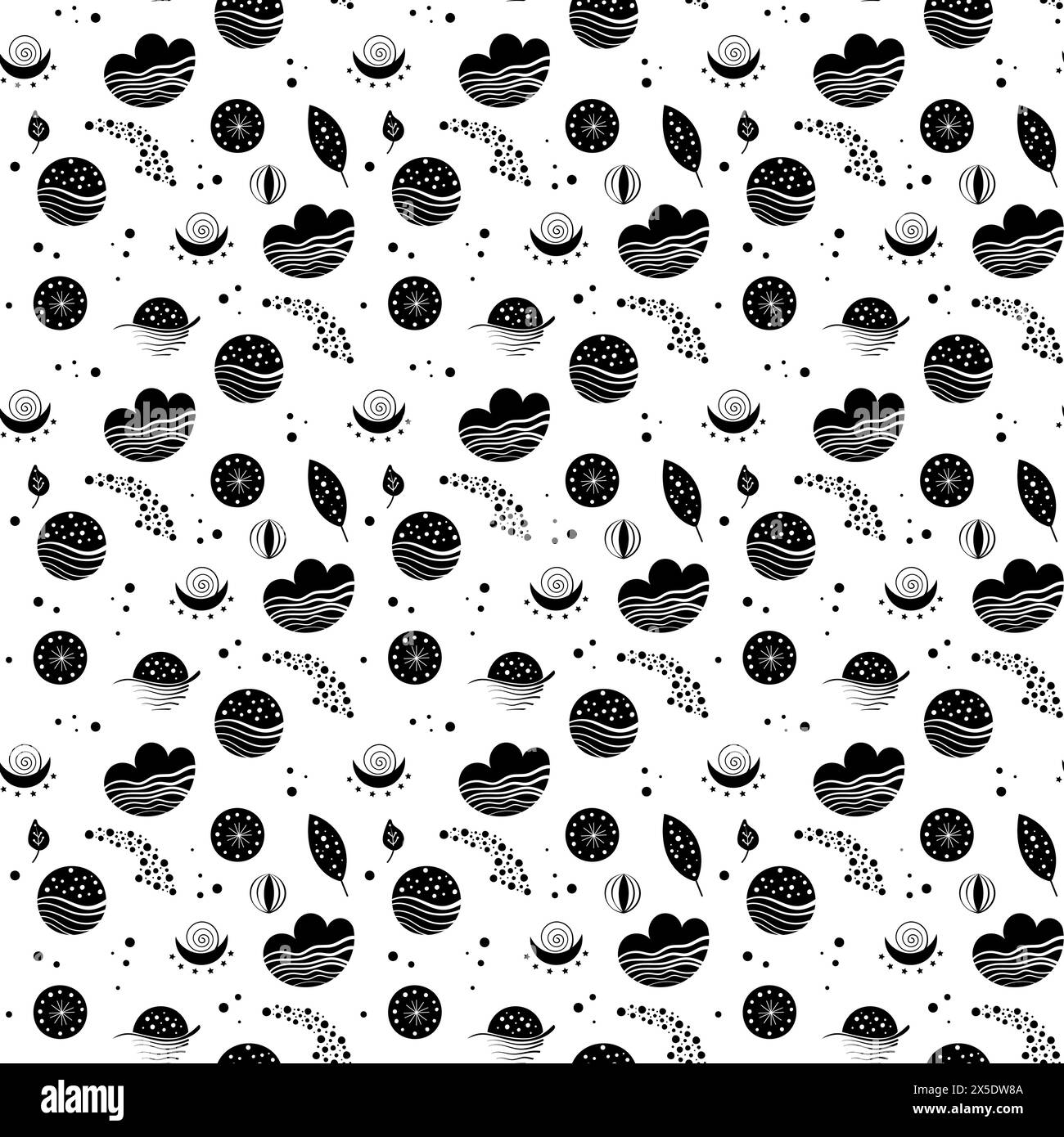 Seamless neo folk patterns with moon, cloud, sun and stars, black and ...