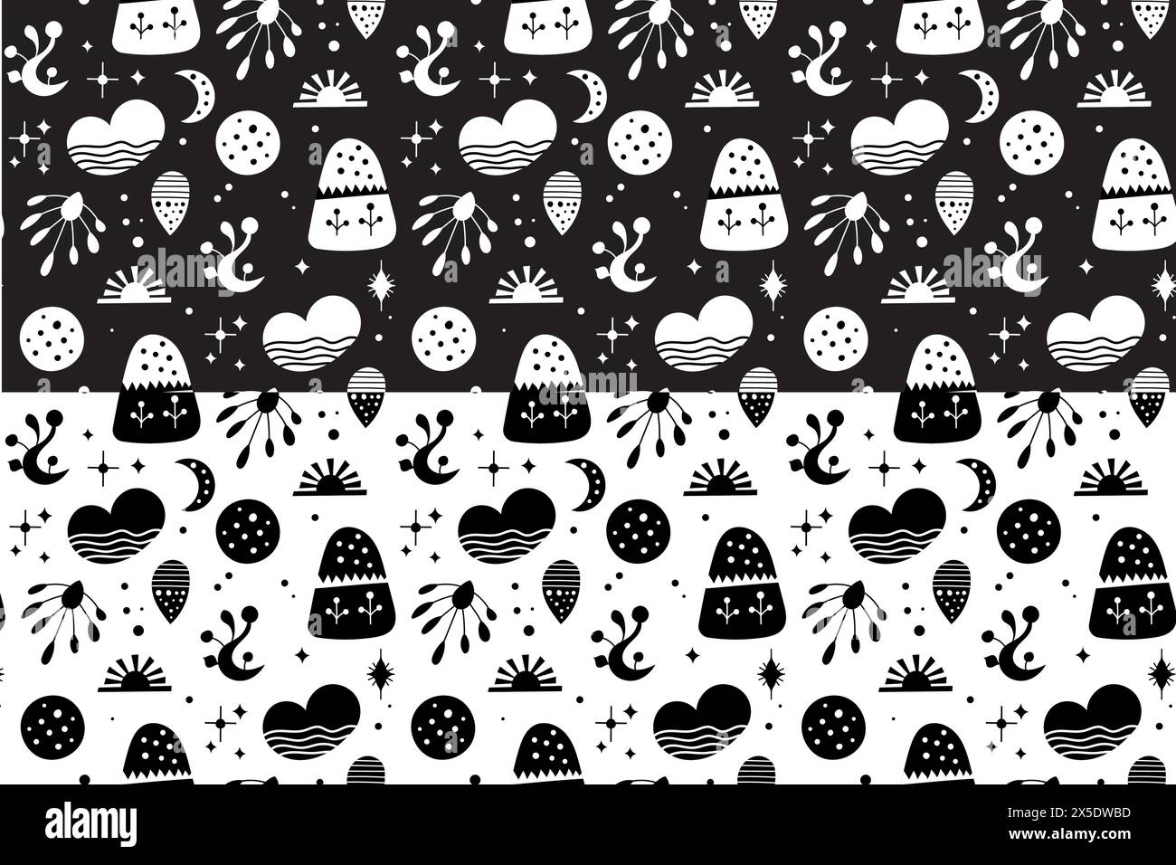 Seamless neo folk art vector pattern with mountains, moon and flowers ...