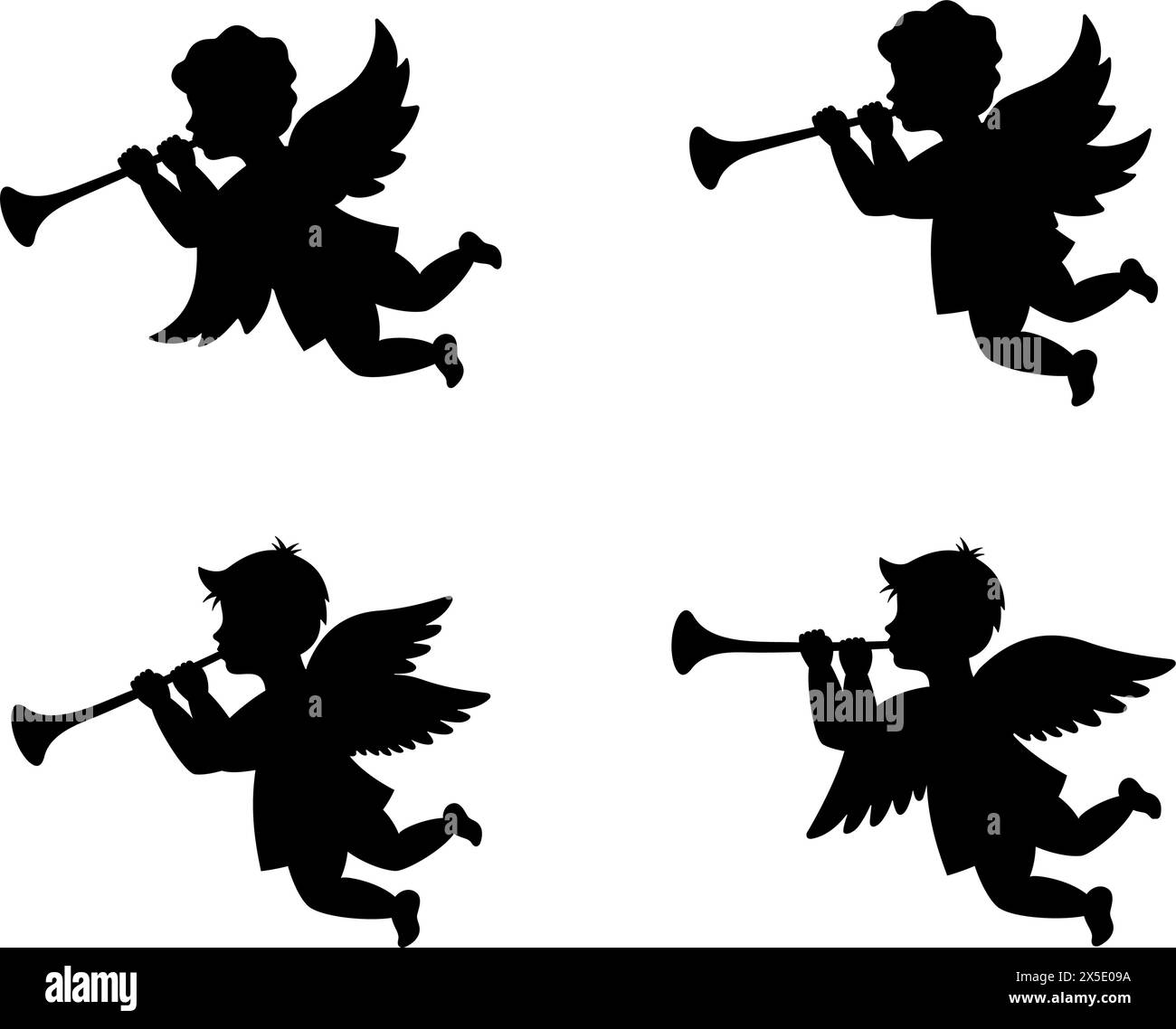 Herald angels blowing trumpets. Angel with a wings. Cherub blowing into a tube. Vector ...