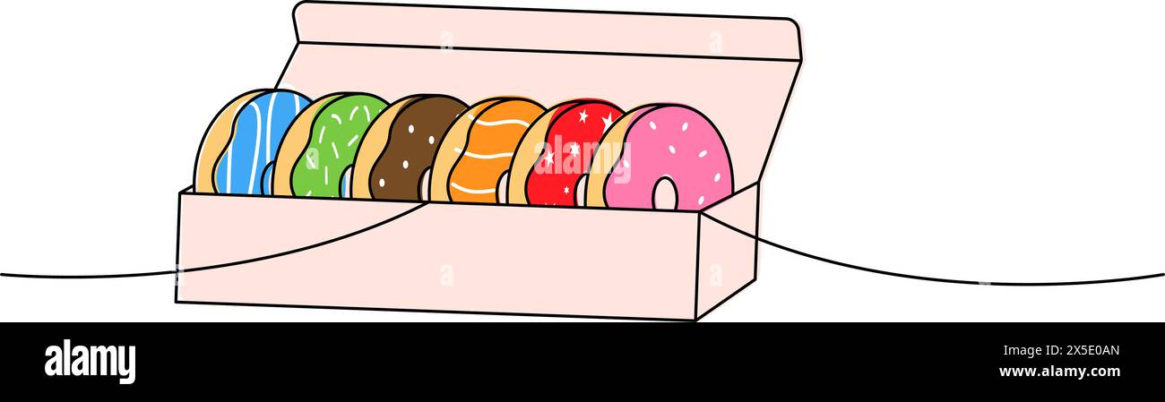 Glazed donuts in carton box one line colored continuous drawing. Bakery ...