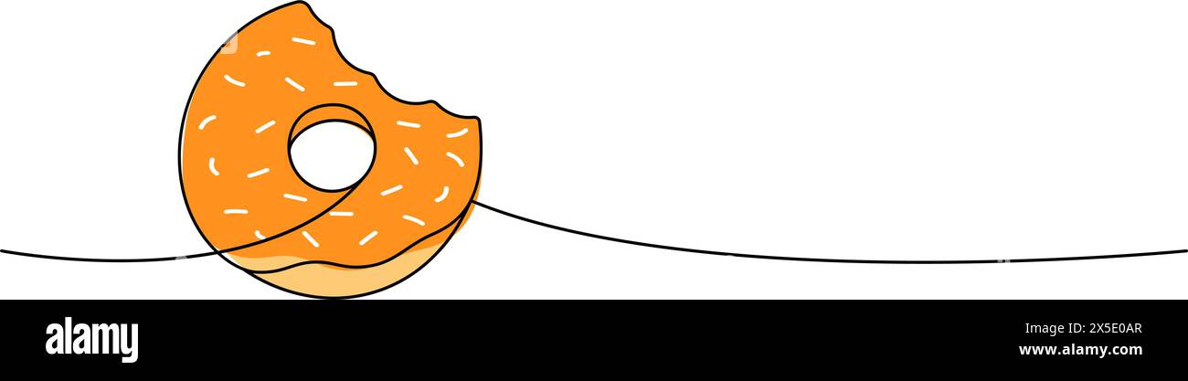 Bitten donut one line colored continuous drawing. Bakery sweet pastry ...