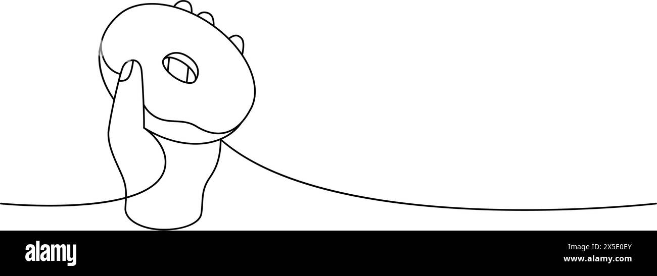 Hand holding delicious doughnut one line continuous drawing. Bakery ...