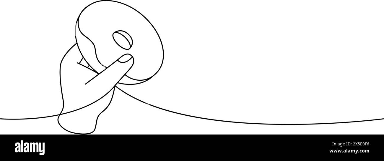 Hand holds a donut one line continuous drawing. Bakery sweet pastry ...