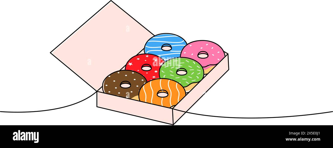 Take away donuts one line colored continuous drawing. Bakery sweet ...