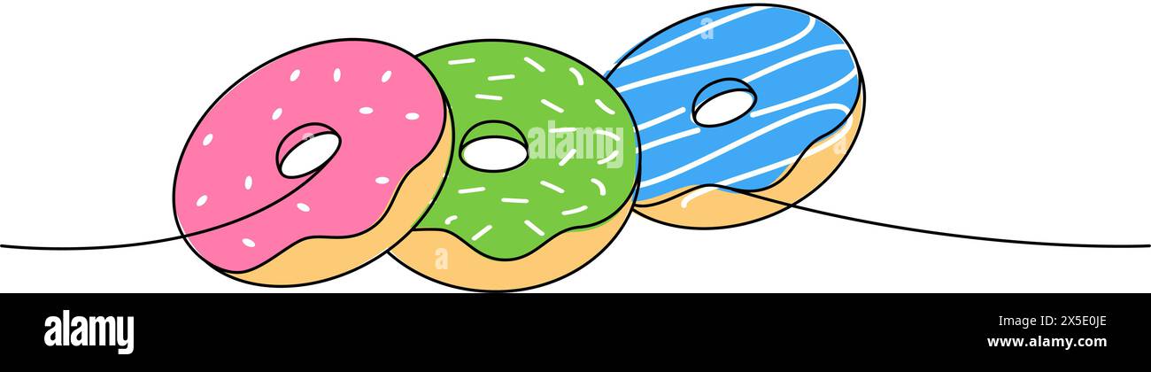 Glazed donut set one line colored continuous drawing. Bakery sweet ...