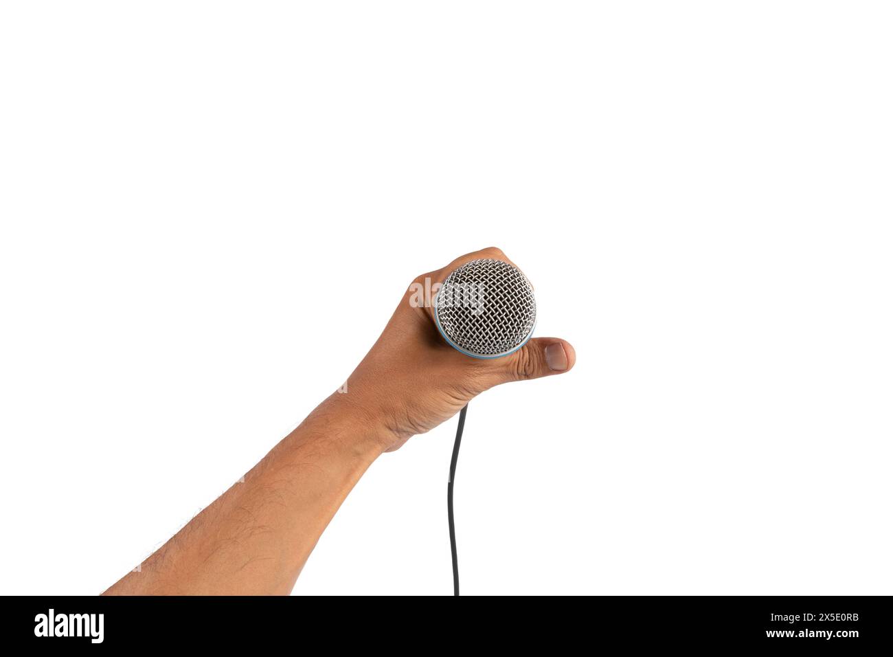 Black male singer hand holding a microphone isolated on white ...