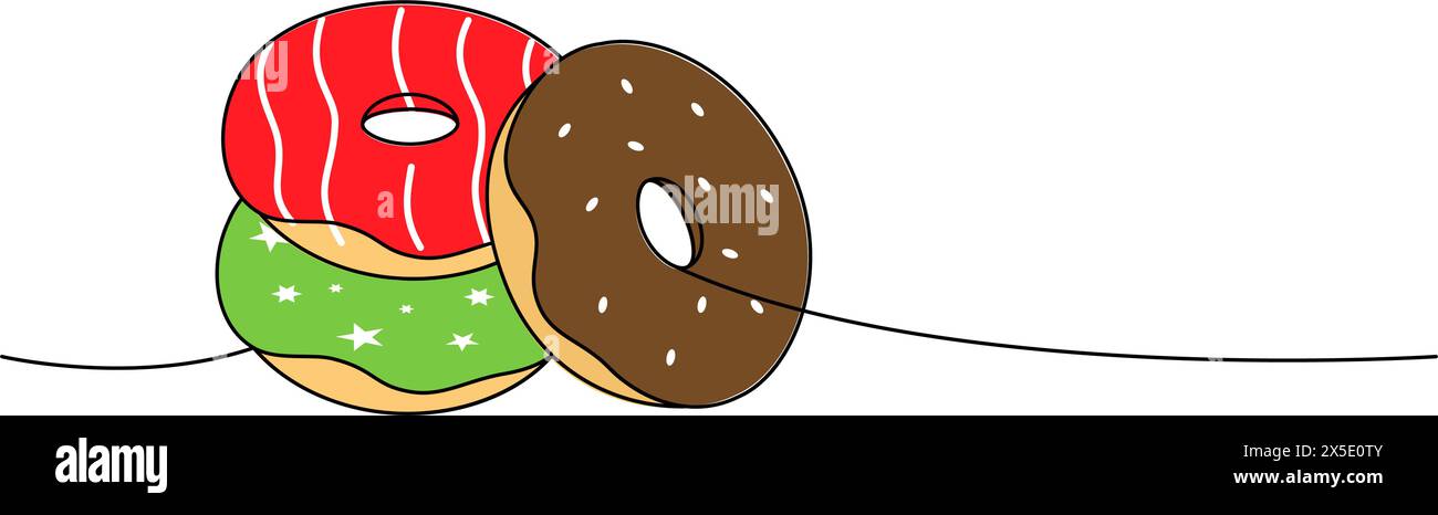 Glazed donuts one line colored continuous drawing. Bakery sweet pastry ...
